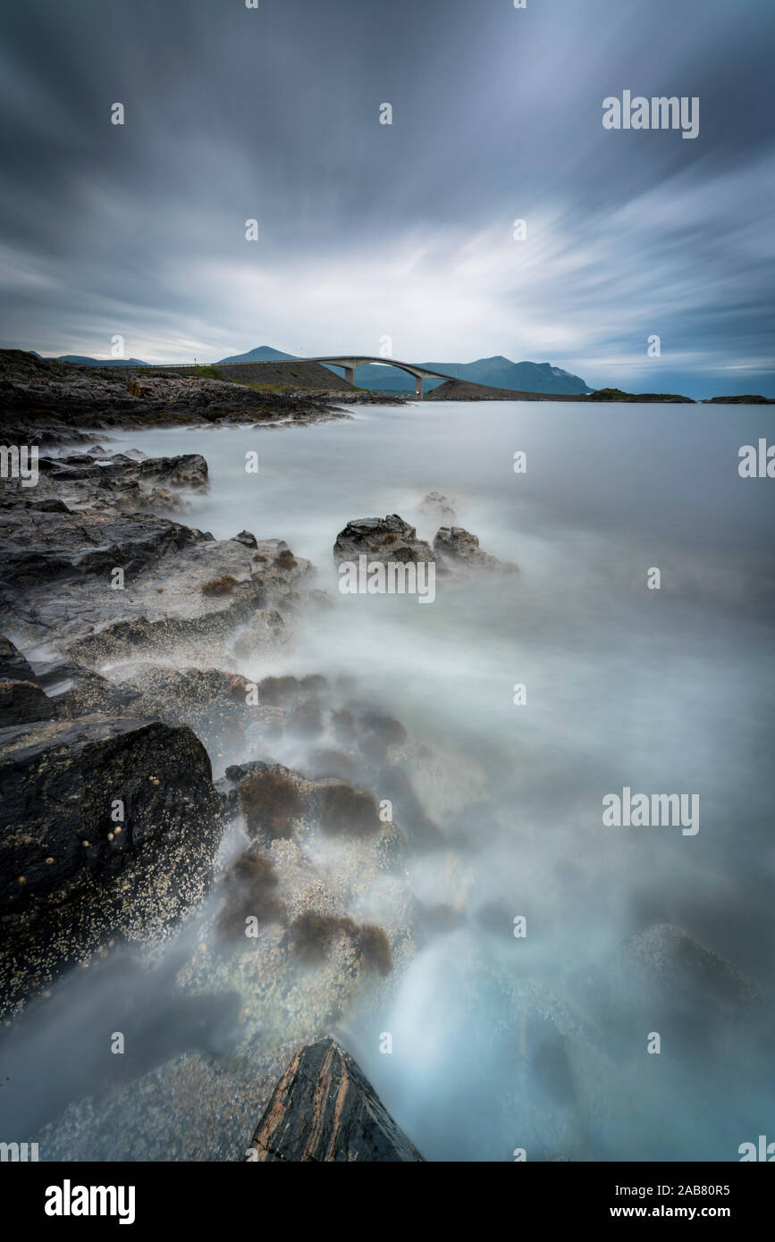 Storm clouds over Storseisundet Bridge along the Atlantic Road, More og ...