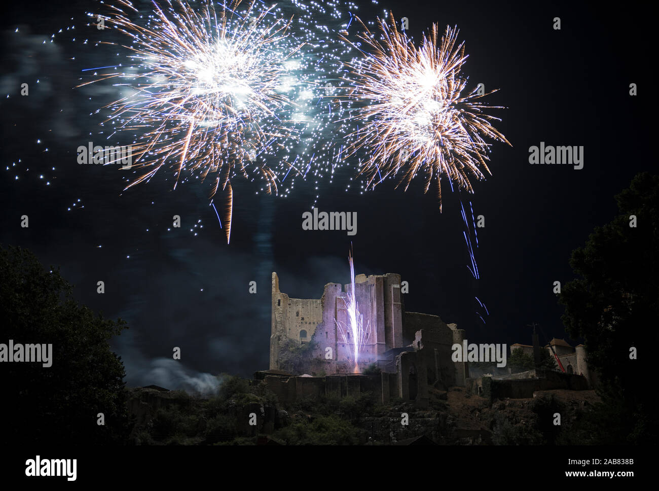 France, Vienne (86), Chauvigny, fireworks on the old castel for the 14 ...