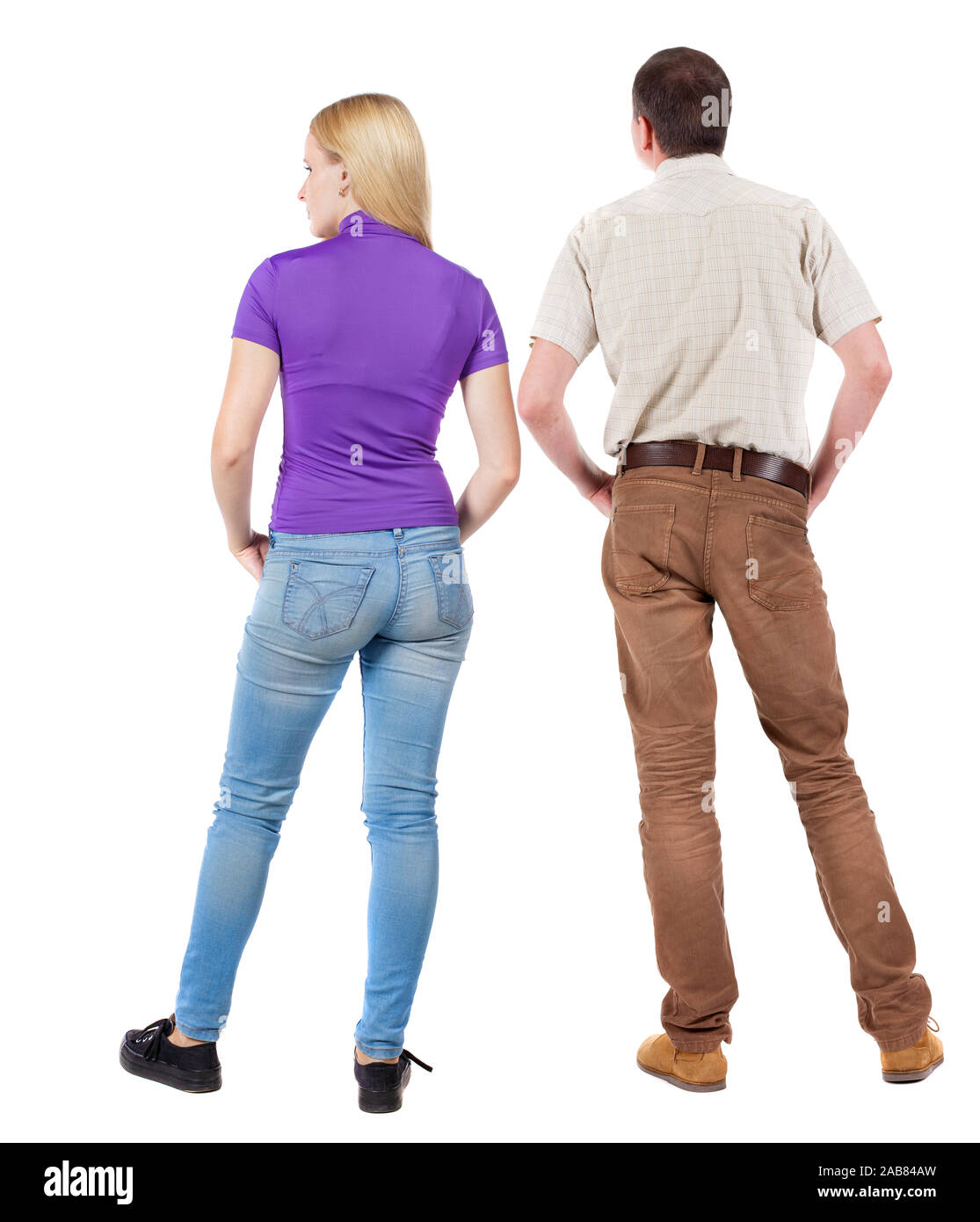 Back view of couple. beautiful friendly girl and guy together. Rear ...