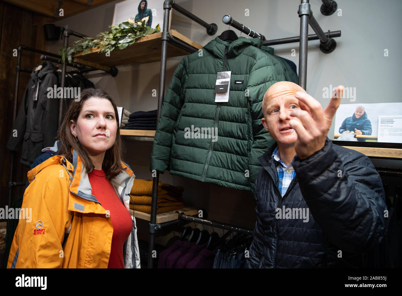 Liberal Democrat leader Jo Swinson, alongside founder of Finisterre Tom ...