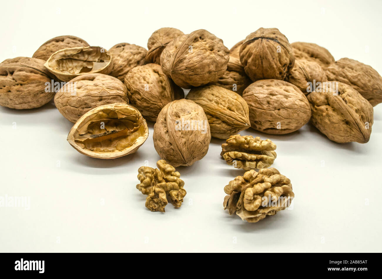 Groups of ripe walnut seeds in shells and peeled kernels with halves of ...