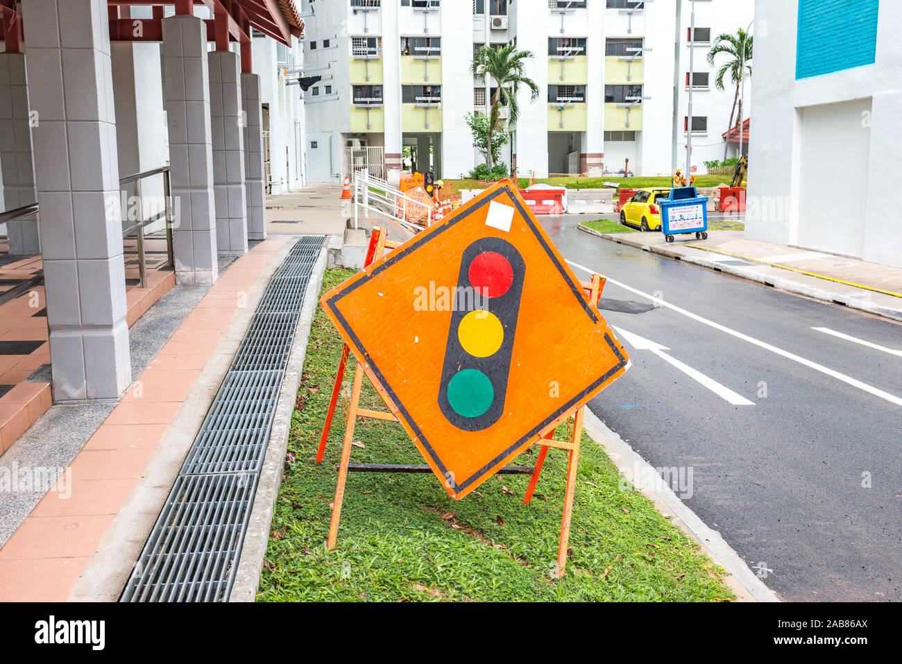 Traffic light caution signboard for warning oncoming vehicles Stock ...