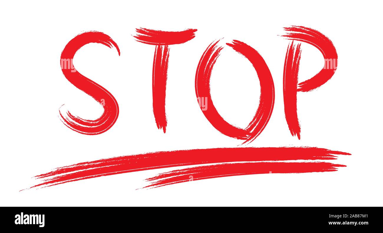 word STOP is written with a brush with red paint on a white background ...