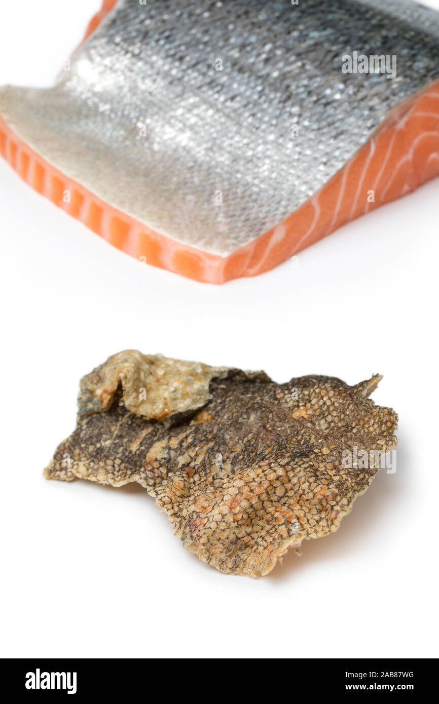 Crispy baked and seasoned salmon skin and a piece of fresh salmon on ...