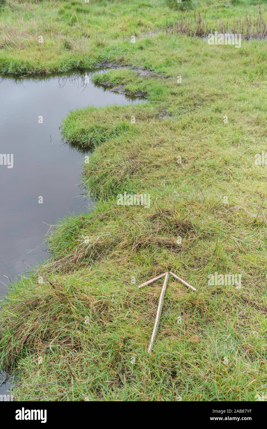 Survival skills concept. Signal arrow by river showing 'proceed this ...