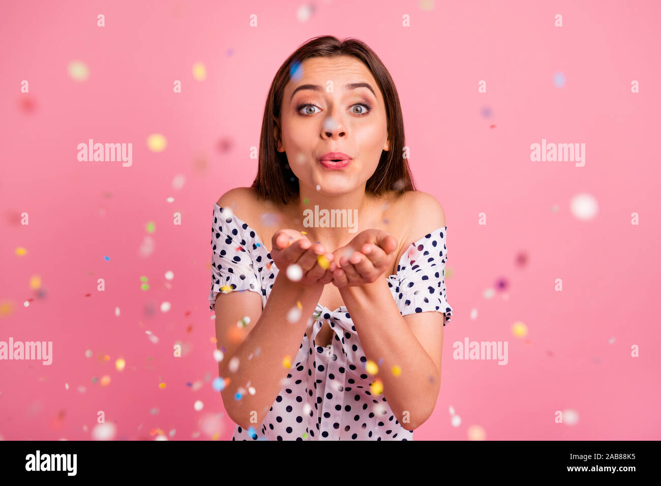 Photo of beautiful cute nice girl sending kiss to her beloved one while ...