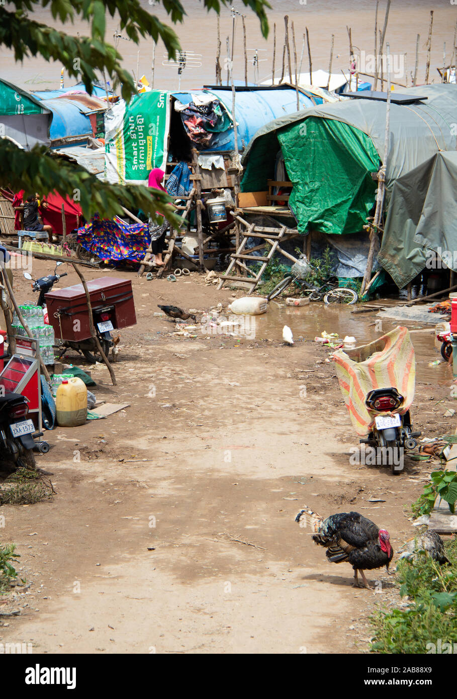 Dirty road through slums near the Mekong River in Cambodia, south-east ...