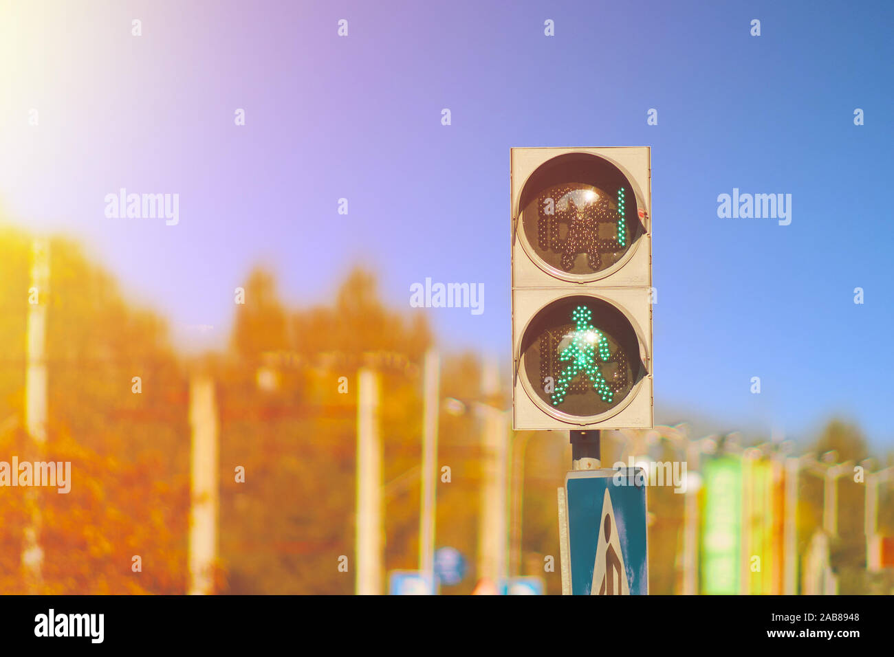 Green traffic light for a pedestrian people with stopwatch. Walk sign ...