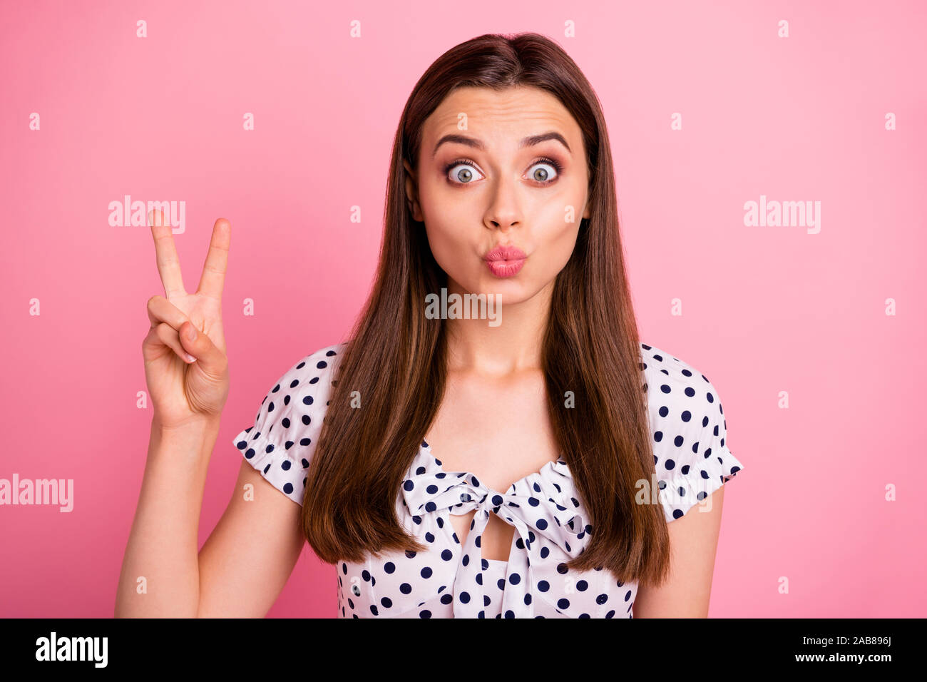 Close up photo of pretty shining gorgeous girl face saying hi to you by ...