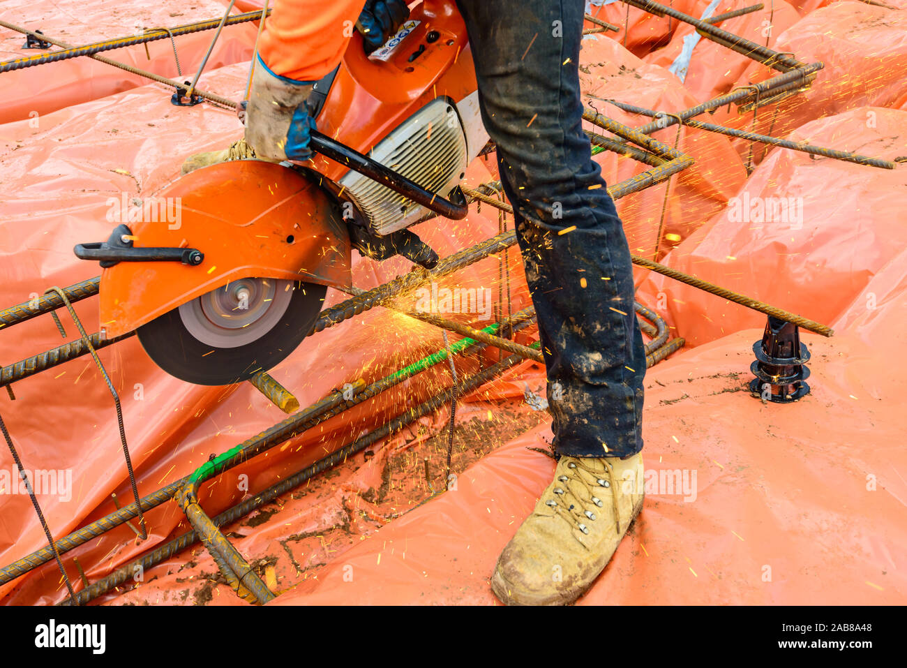 Australian builder performing steel fixing works of a new suburban ...