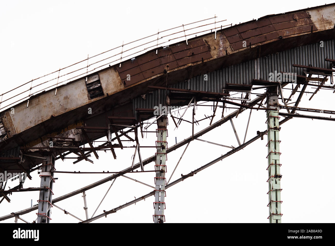 Demolition of the arena. Old metal frame of the building, destroyed ...