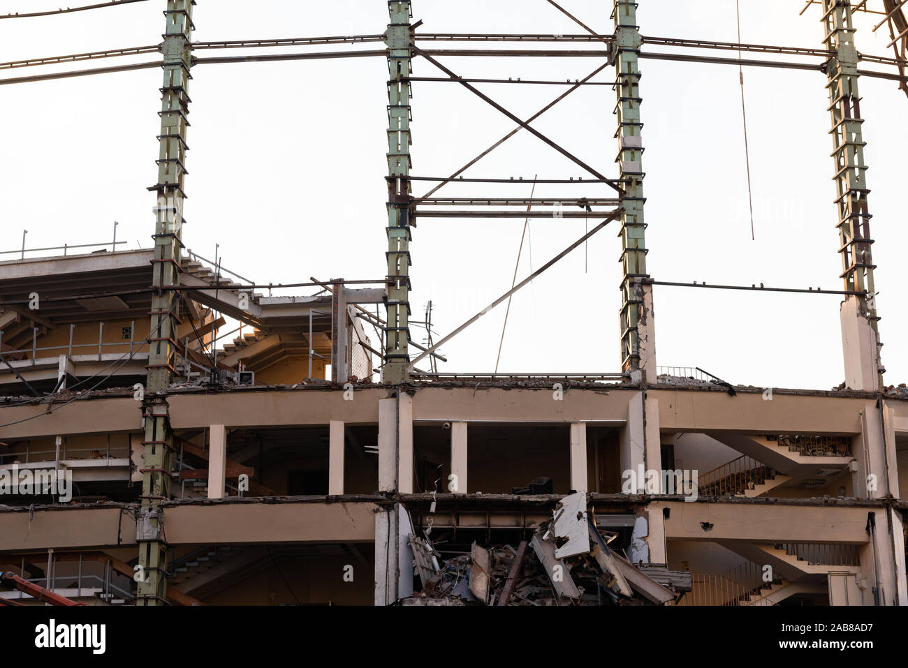 Demolition of the arena. Old metal frame of the building, destroyed ...
