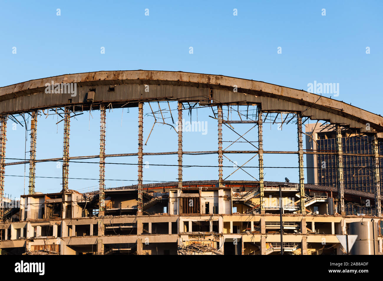 Demolition of the arena. Old metal frame of the building, destroyed ...