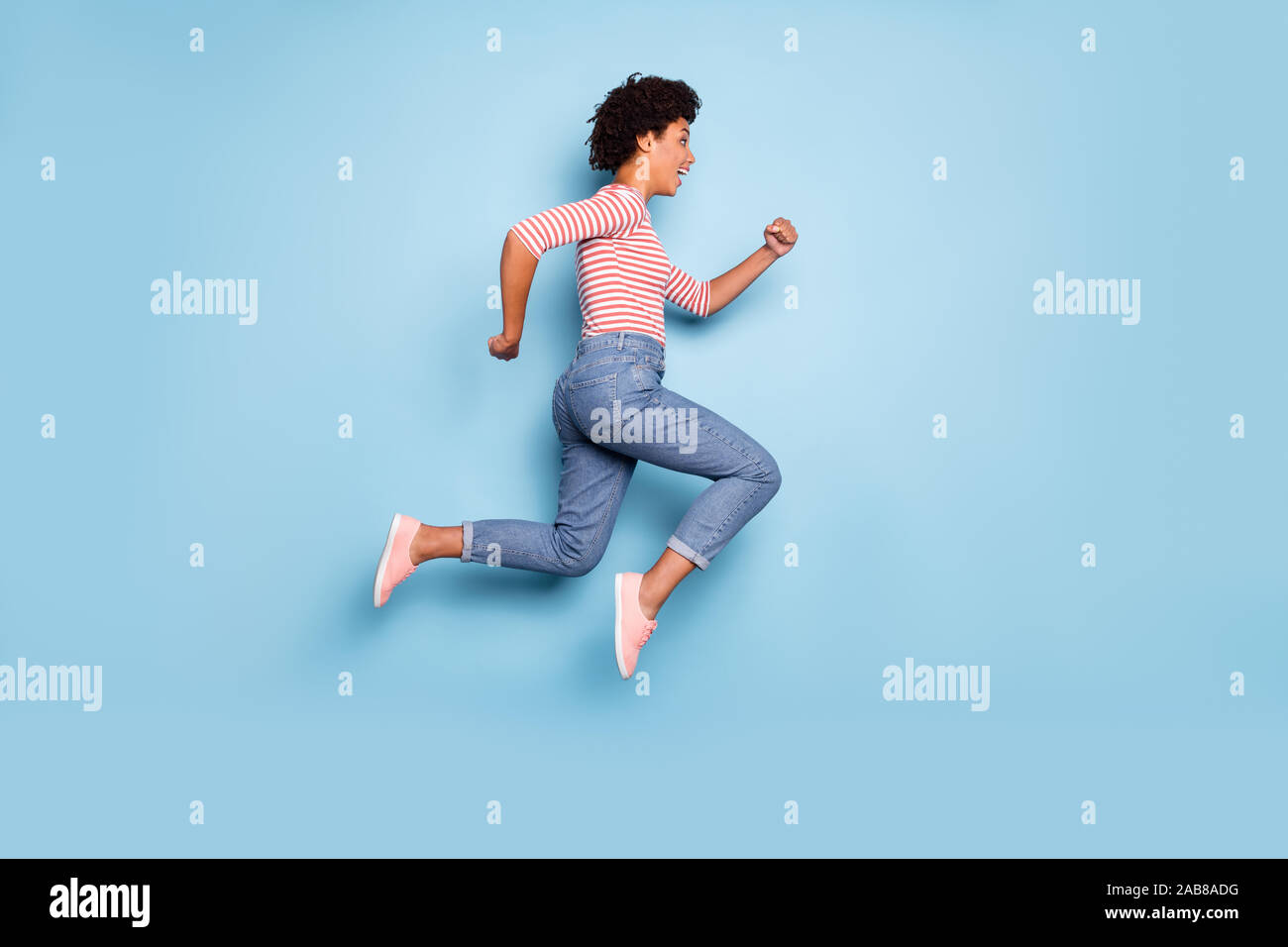 Full length body size side profile photo of cheerful positive nice ...