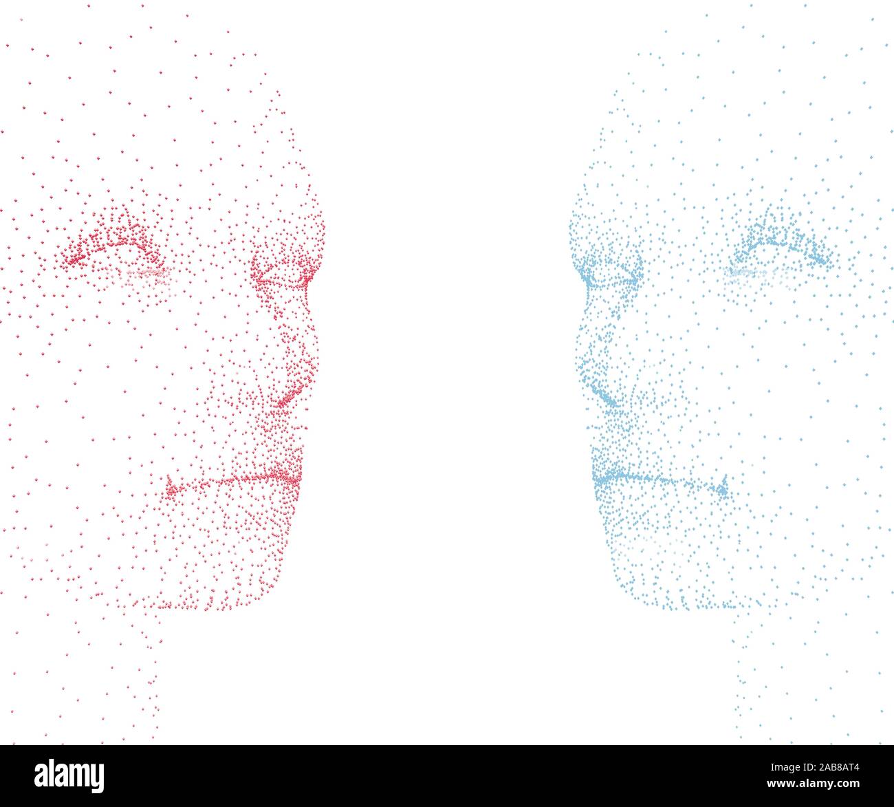 Abstract human faces made of particles. Blue and red face. Vector ...