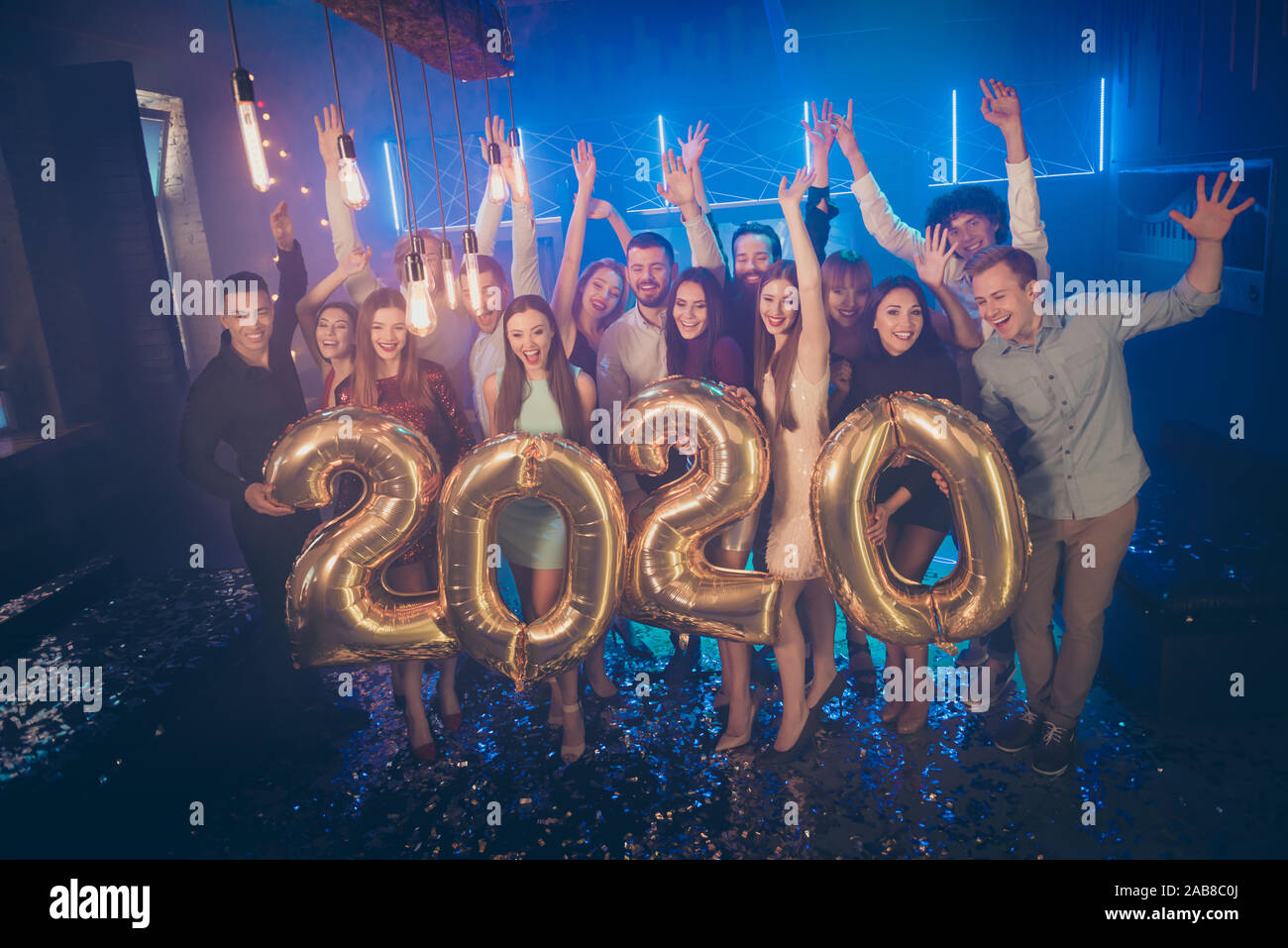 Photo of corporate party company crowd best friends holding big air ...