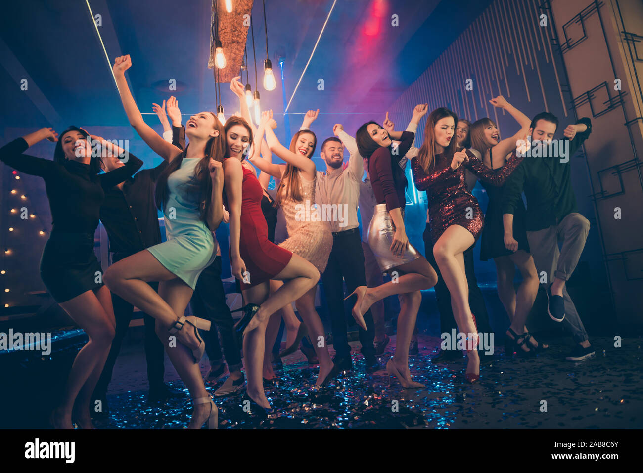 Low angle full size view photo of positive cheerful youth people party ...