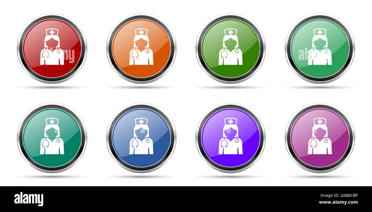 Doctor icons, set of round glossy web buttons with silver metallic ...