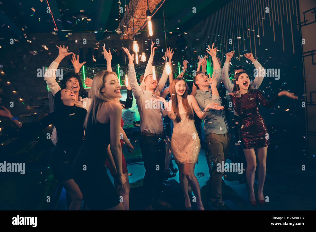 Photo of screaming cheerful excited ecstatic beautiful company dressed ...