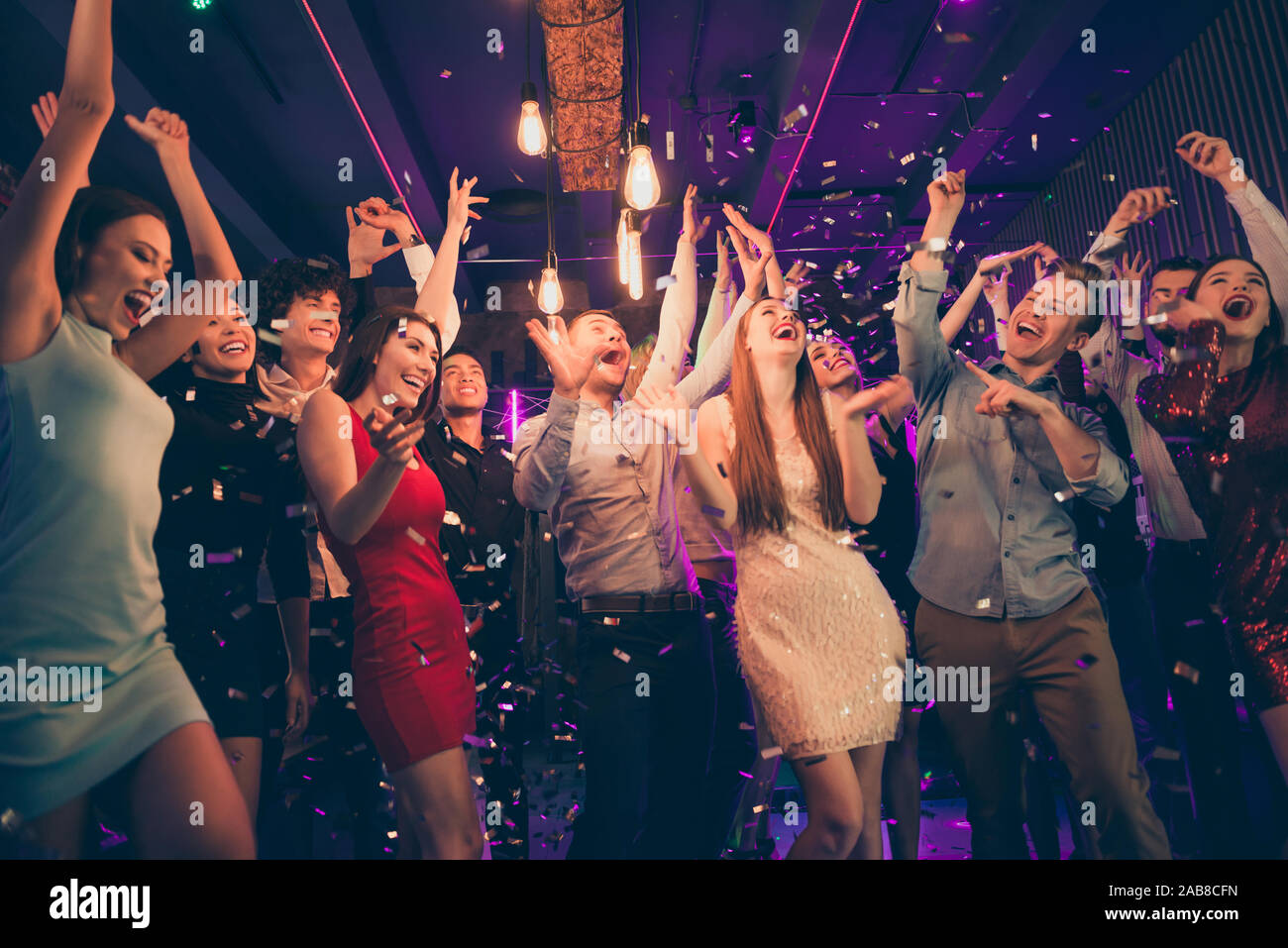 Photo of shouting overjoyed happy cheerful corporate people gathering ...