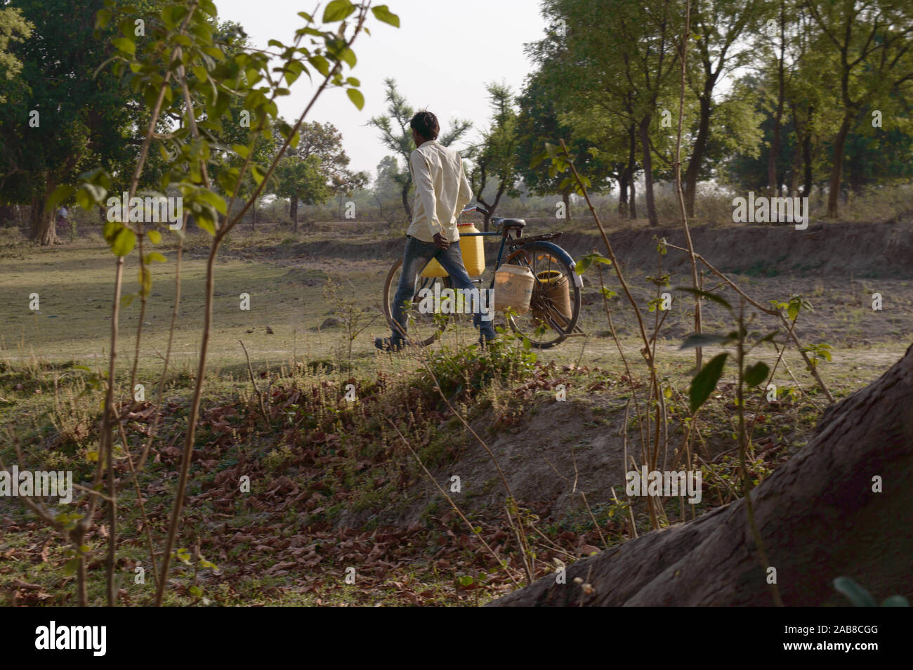Indian villager going for collecting water from pond on bicycle on ...