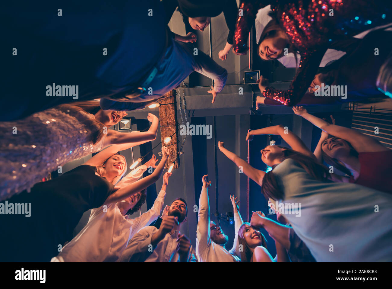 Low angle photo of cheerful positive crowd people students celebrate ...
