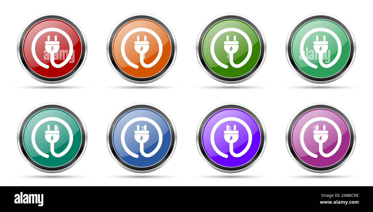 Plug power icons, set of round glossy web buttons with silver metallic ...