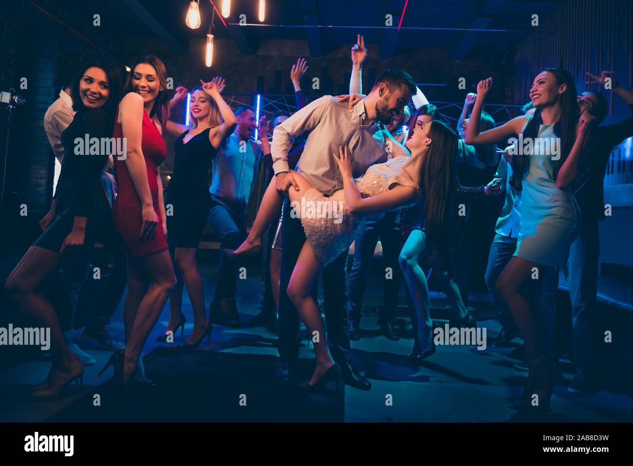 Full length photo of wild crazy company corporate students want ...