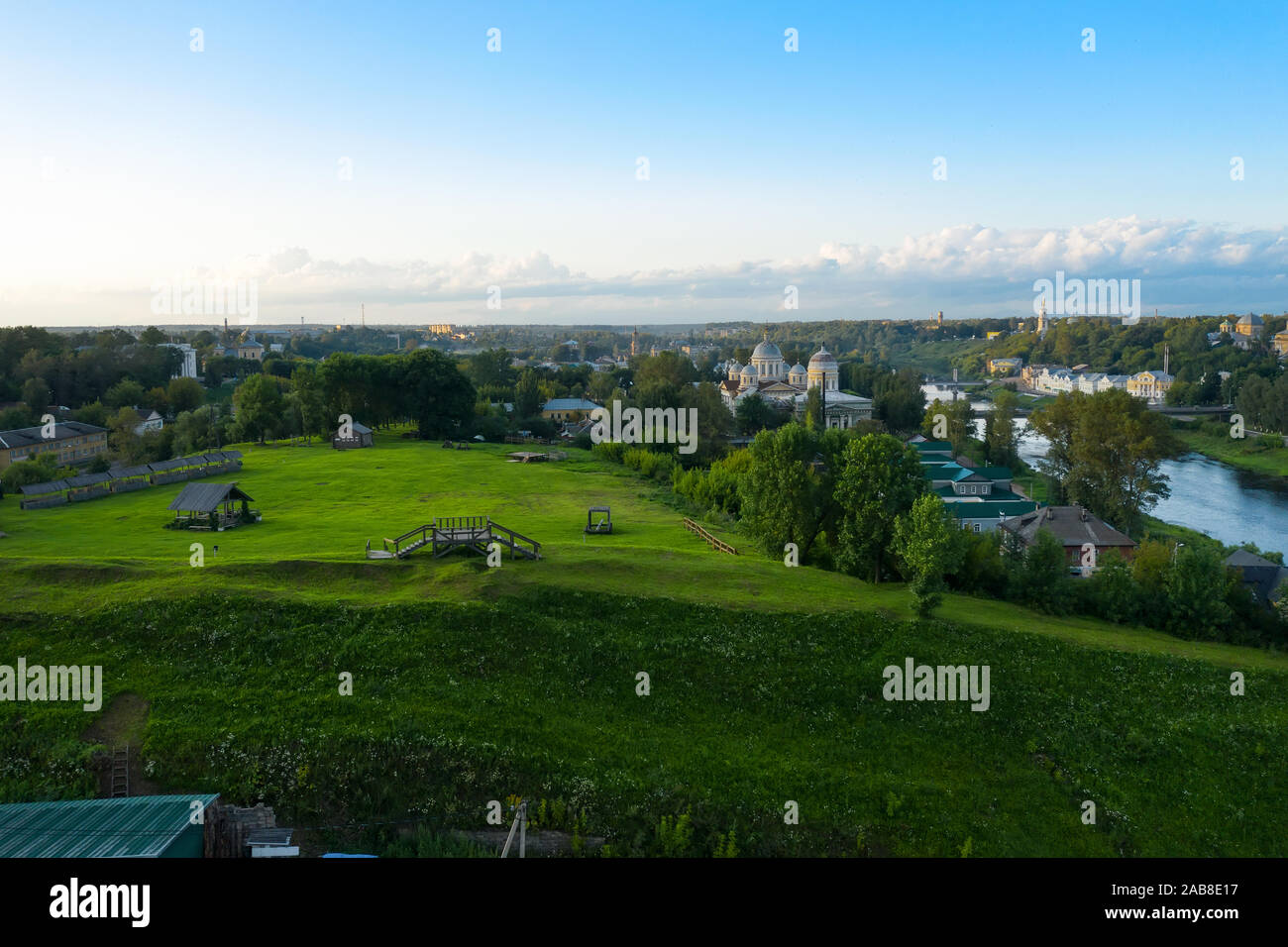 Aerial view of the historic center of Torzhok and the river Tvertsa ...
