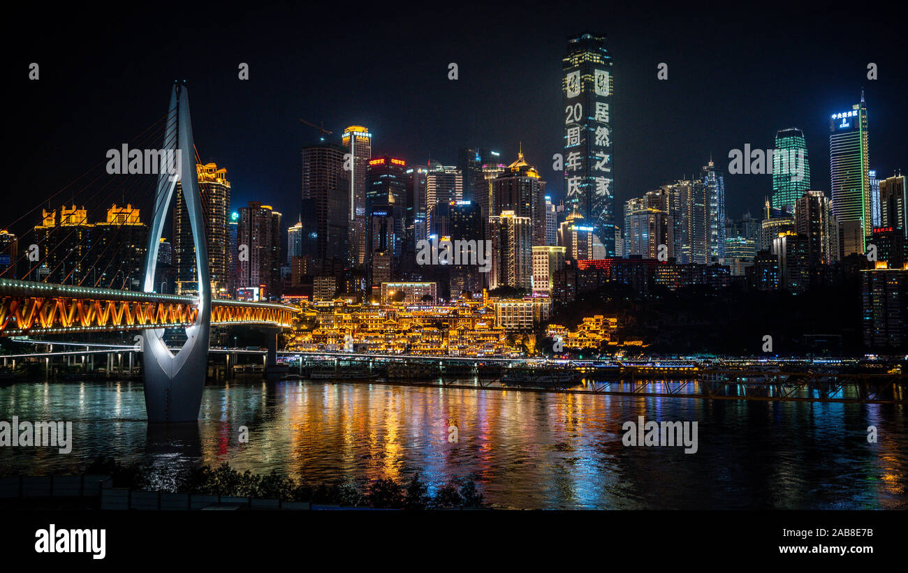 Chongqing China, 7 August 2019 : Chongqing city nightscape with bridge ...