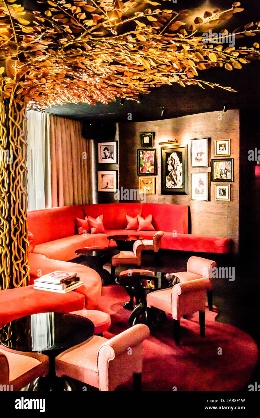 interior design of beautiful lounge bar restaurant with table seating ...