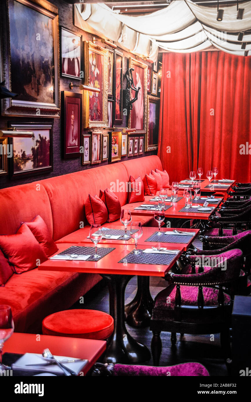 interior design of beautiful lounge bar restaurant with table seating ...