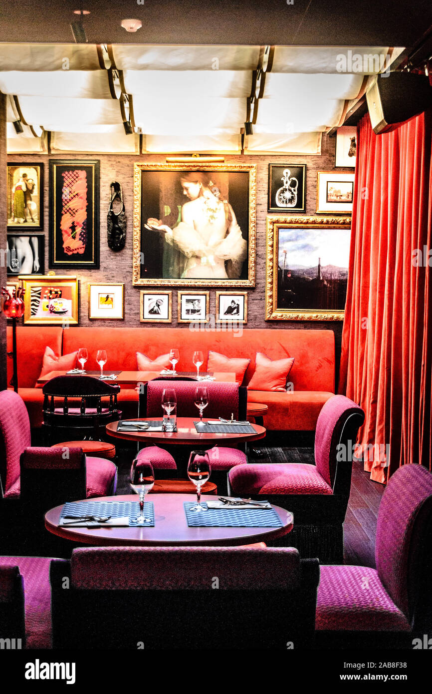 interior design of beautiful lounge bar restaurant with table seating ...