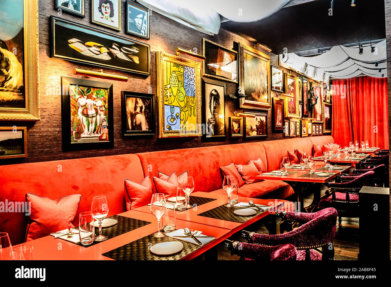 interior design of beautiful lounge bar restaurant with table seating ...