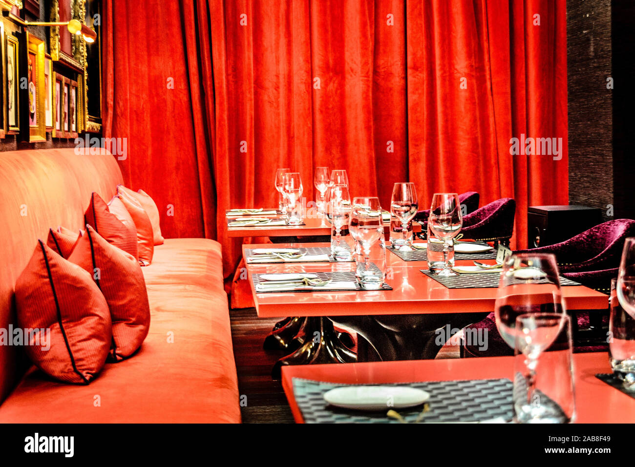 interior design of beautiful lounge bar restaurant with table seating ...