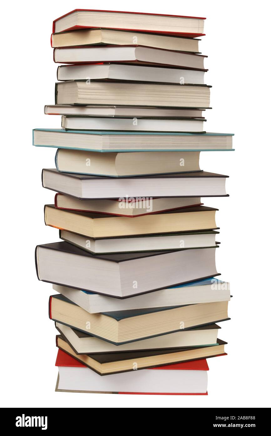High stack of books isolated on white background Stock Photo - Alamy