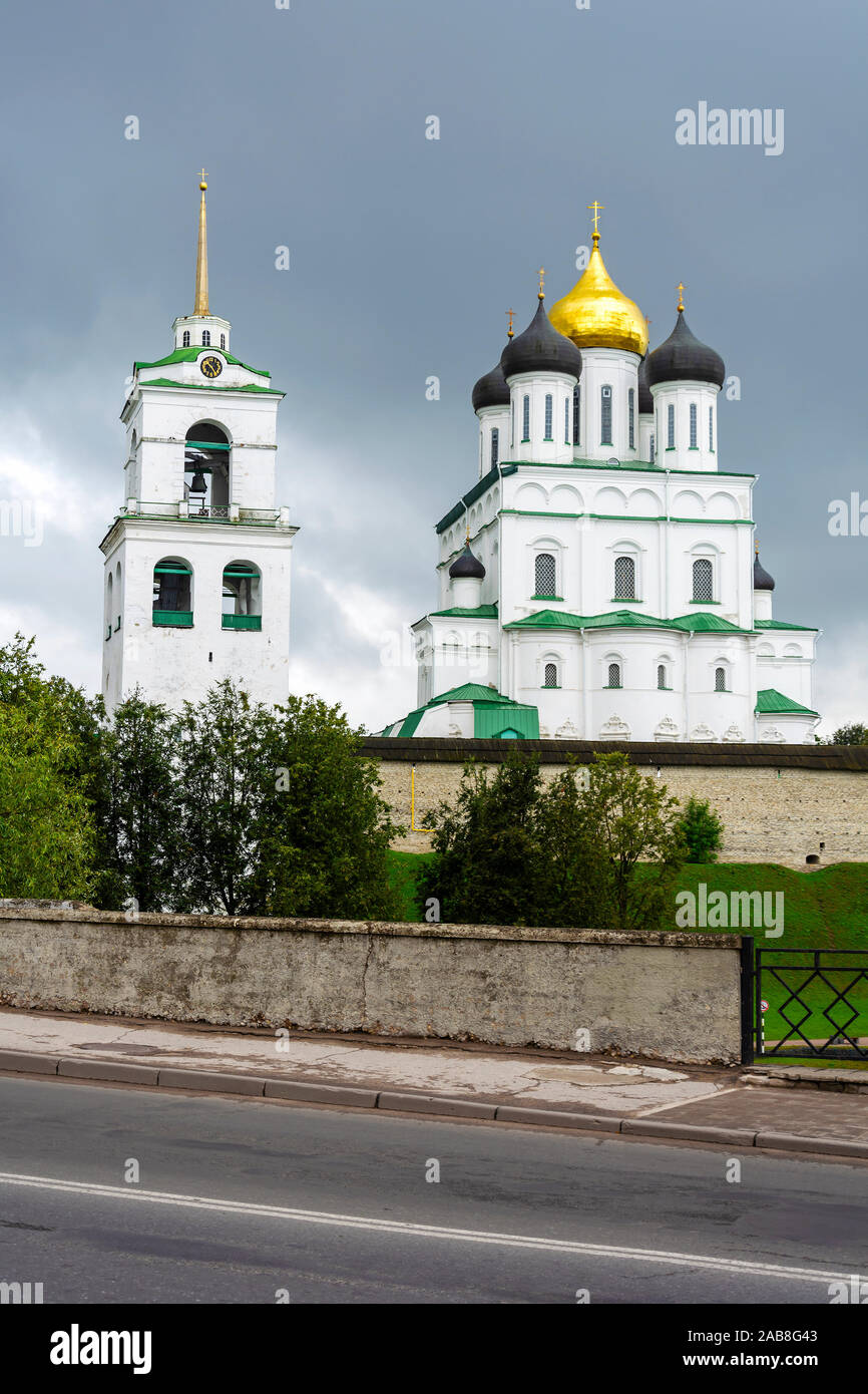Pskov, the Cathedral of the Holy Trinity behind the wall of the ancient ...