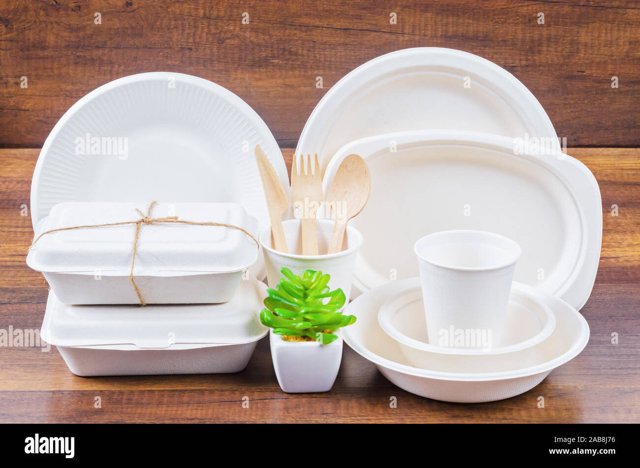 Set of unbleached plant fiber food box and paper coffee cup. Natural ...