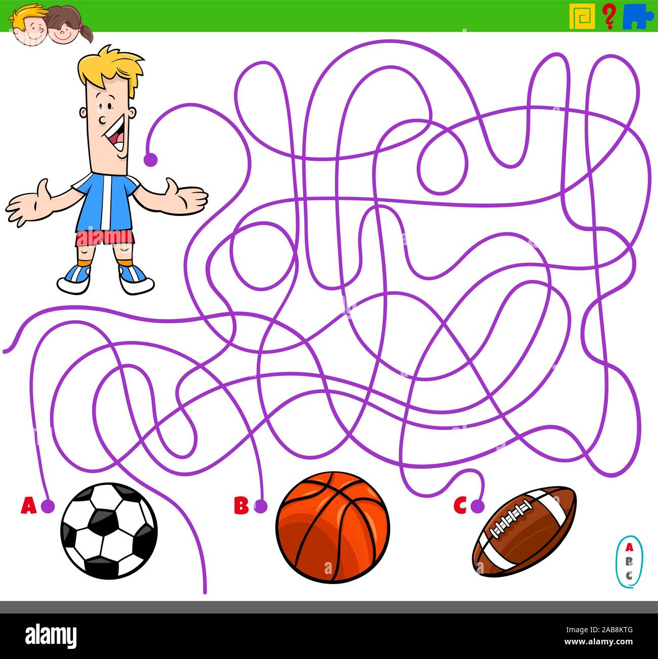 Cartoon Illustration of Lines Maze Puzzle Game with Boy Character and ...