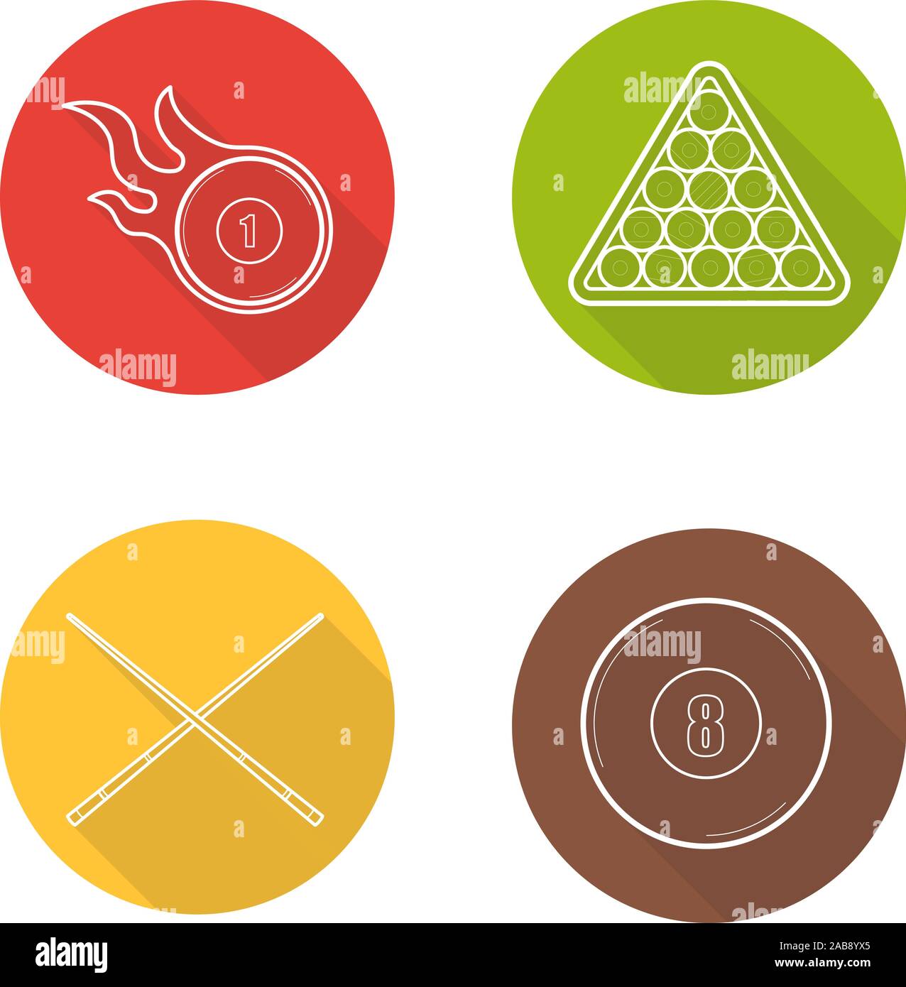 Billiard flat linear long shadow icons set. Cuesports accessories ...