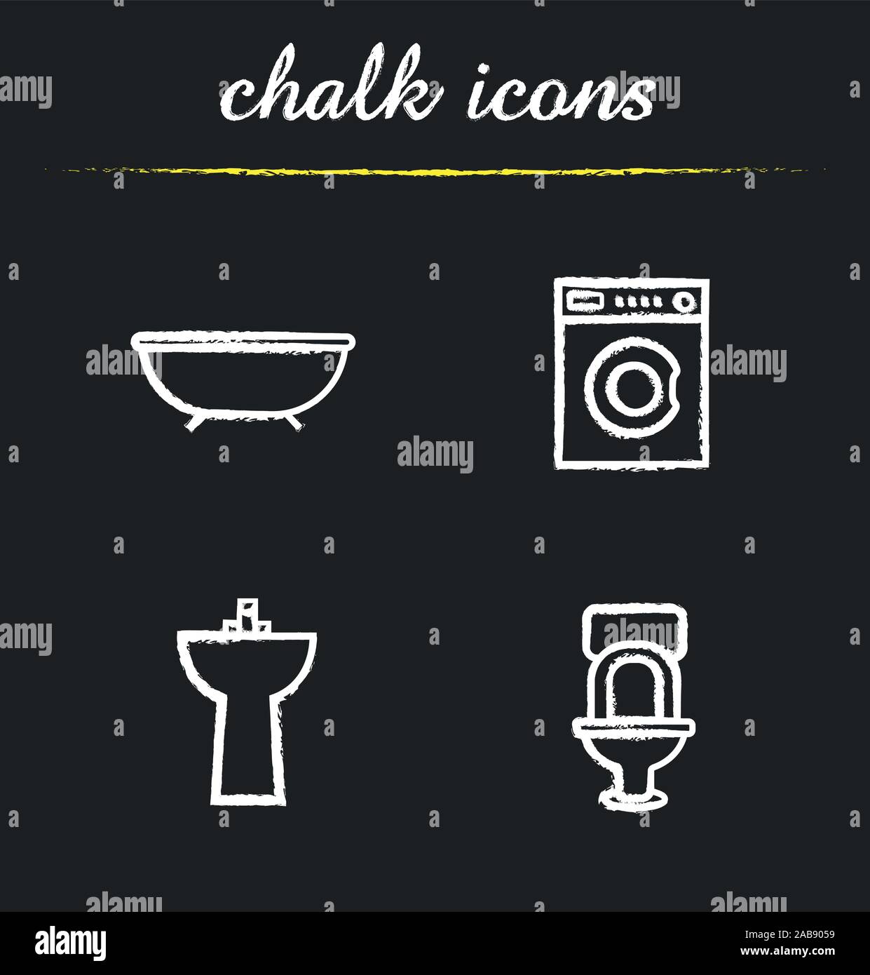 Bathroom interior chalk icons set. Washing machine, bath, toilet ...