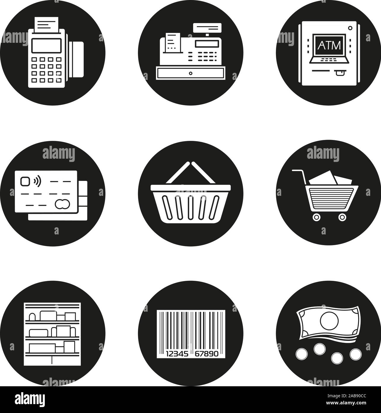 Supermarket icons set. Grocery store. Pos terminal, cash register, atm ...