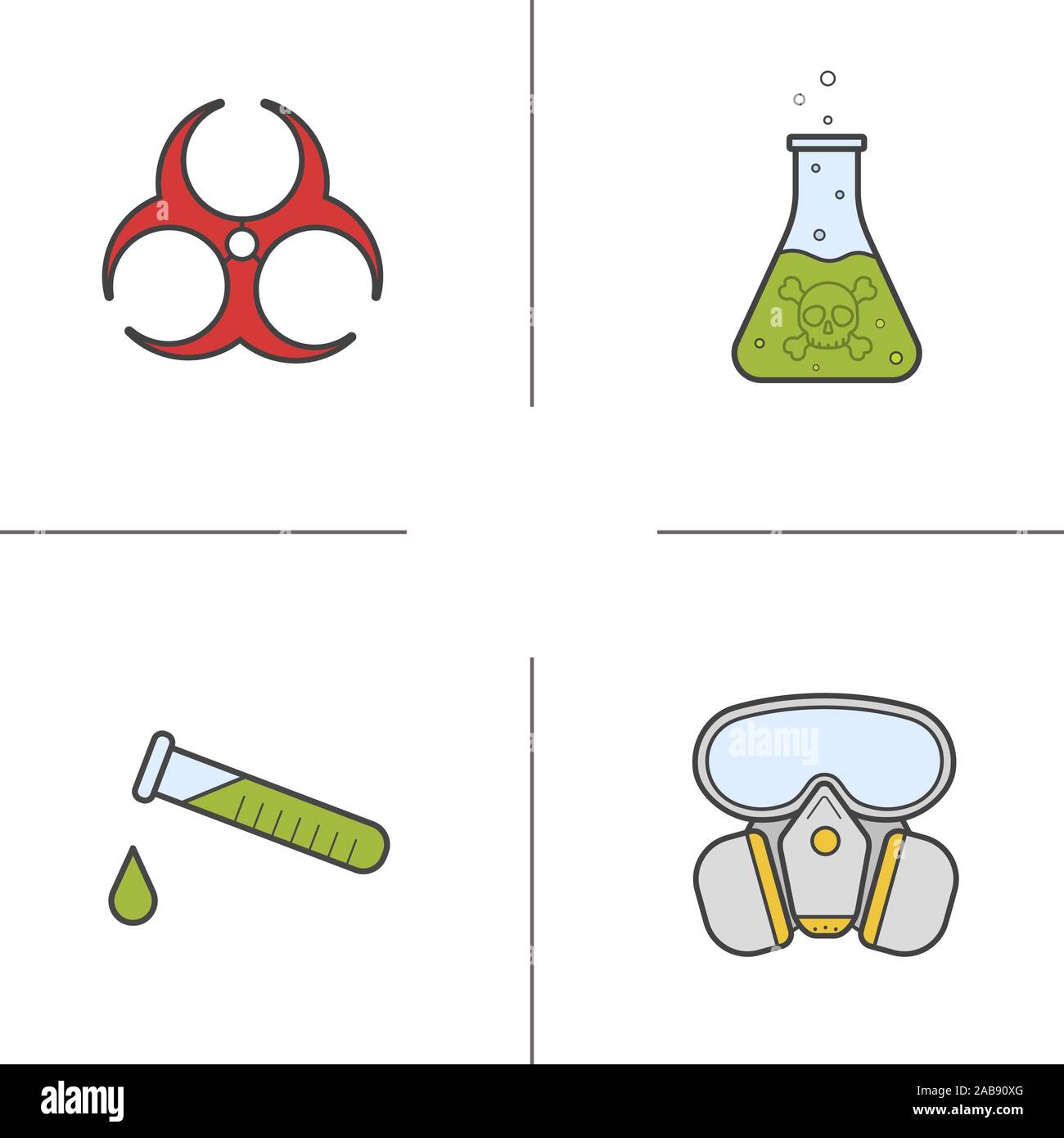 Chemical industry color icons set. Gas mask, poison liquid, chemical ...