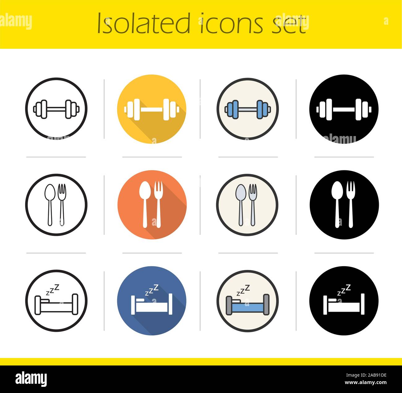 Healthy lifestyle icons set. Flat design, linear, black and color ...