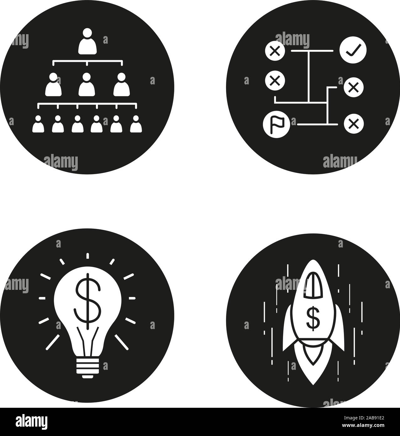 Business concepts icons set. Company hierarchy, problems solving, successful idea, logistics ...