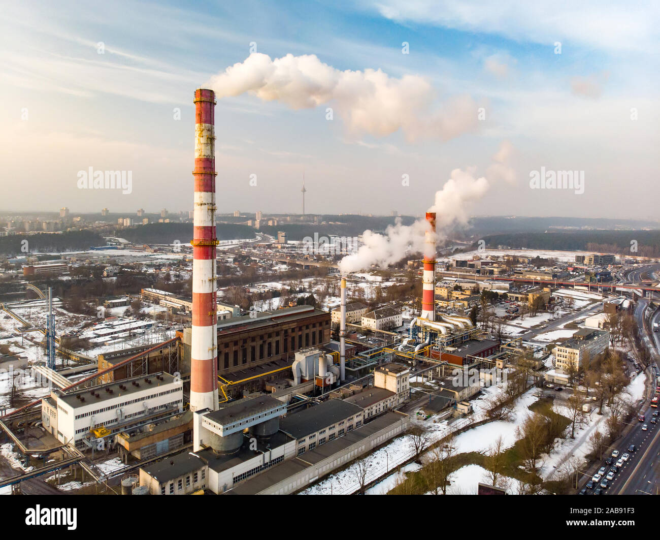 Aerial view of heating plant and thermal power station. Combined modern ...