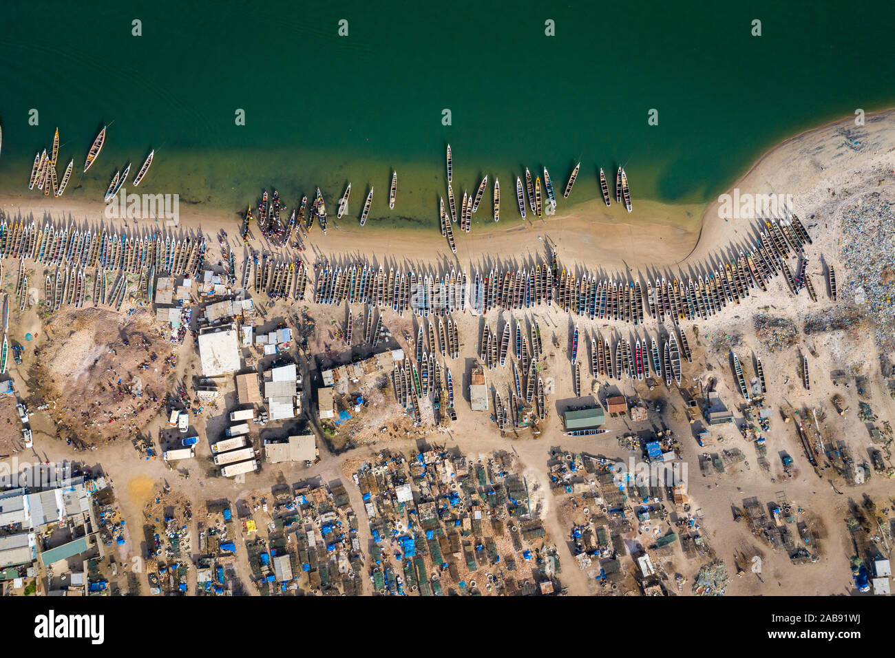 Aerial view of fishing village of Djiffer. Saloum Delta National Park ...