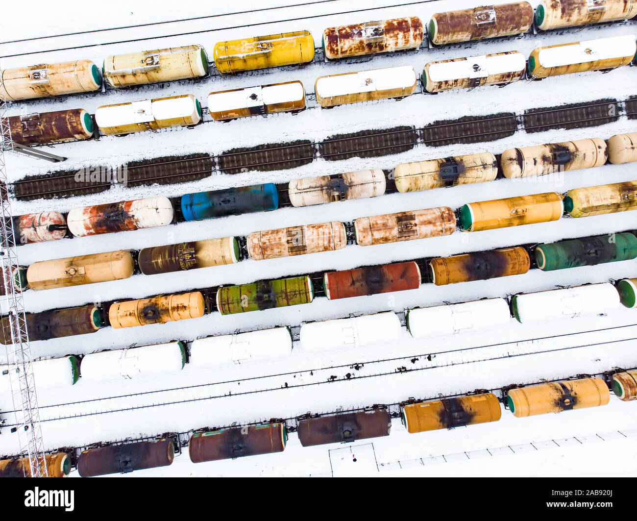 Aerial view of colorful freight train cars on the railway station ...