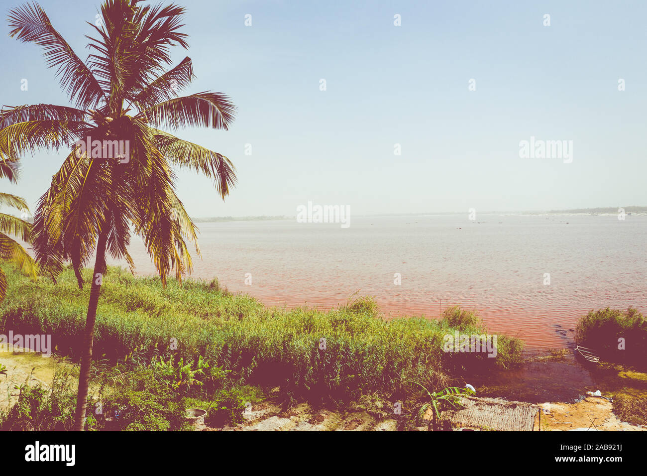 Aerial view of the Pink Lake Retba or Lac Rose in Senegal. Photo made ...