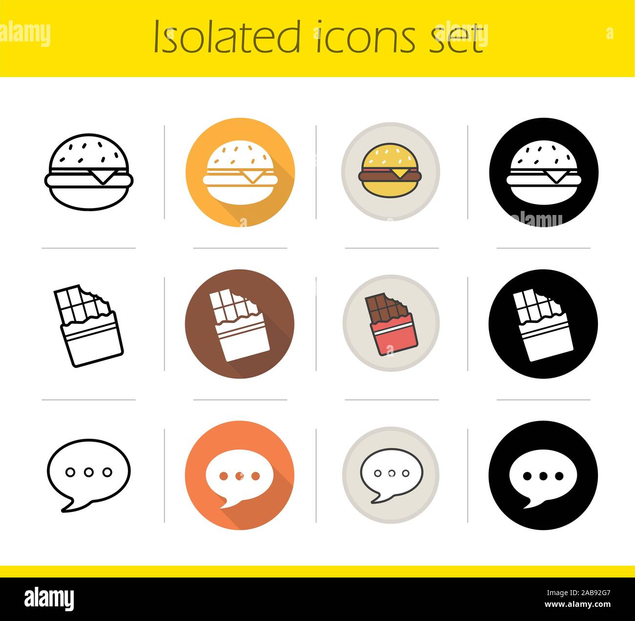Food icons set. Flat design, linear, black and color styles. Burger ...